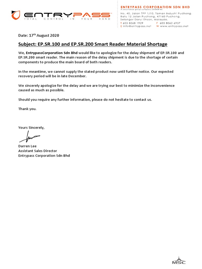 Entrypass Smart Reader SR100 Delay Shipment Announcement | PDF | Business | Computers