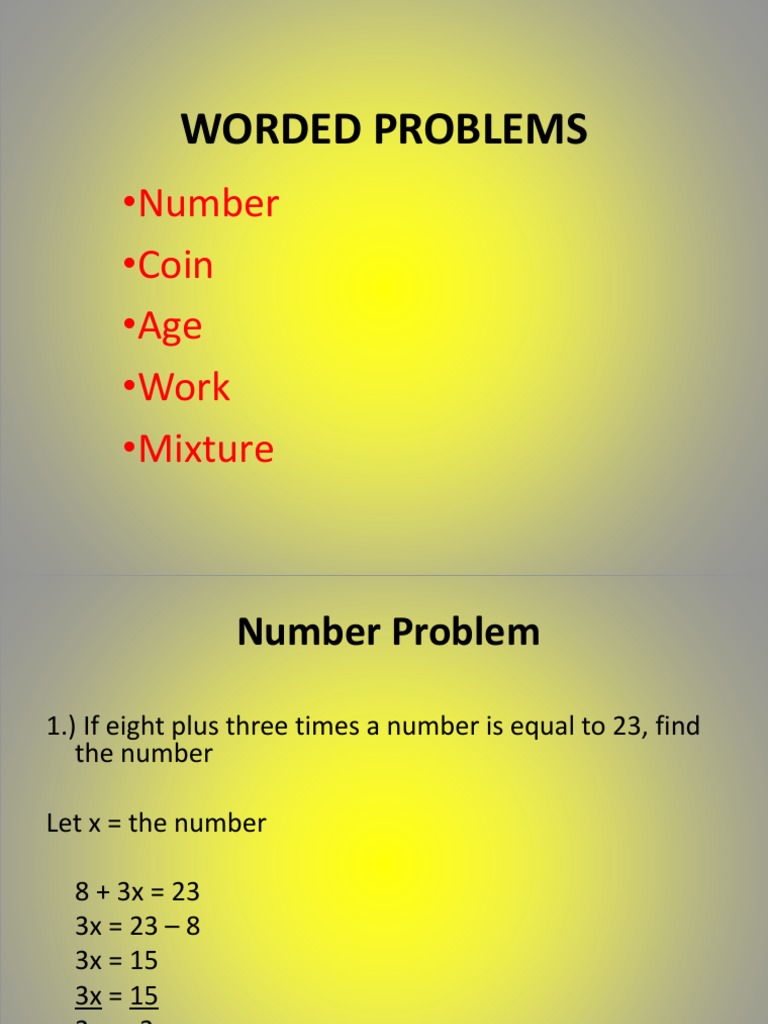 Worded Problems: - Number - Coin - Age - Work - Mixture | PDF | Penny ...