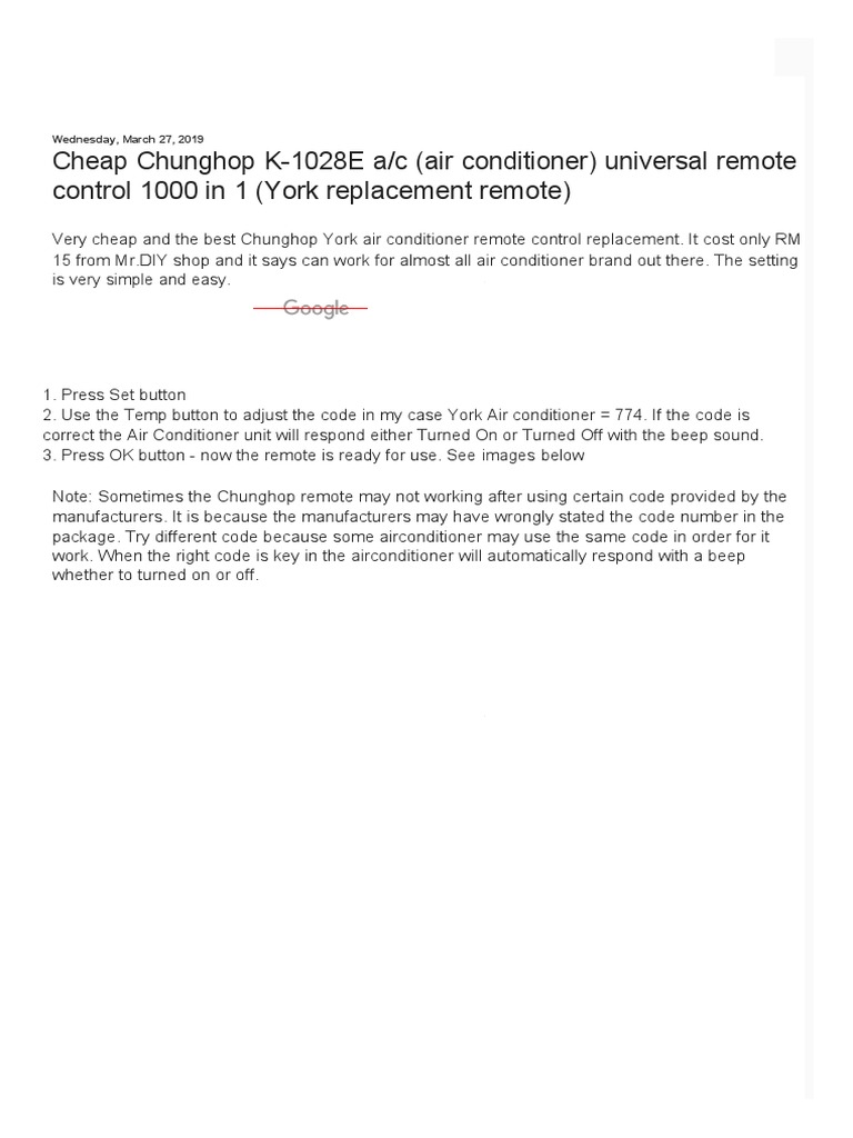 K-1028E A - C (Air Conditioner) Universal Remote Control 1000 in 1 ...