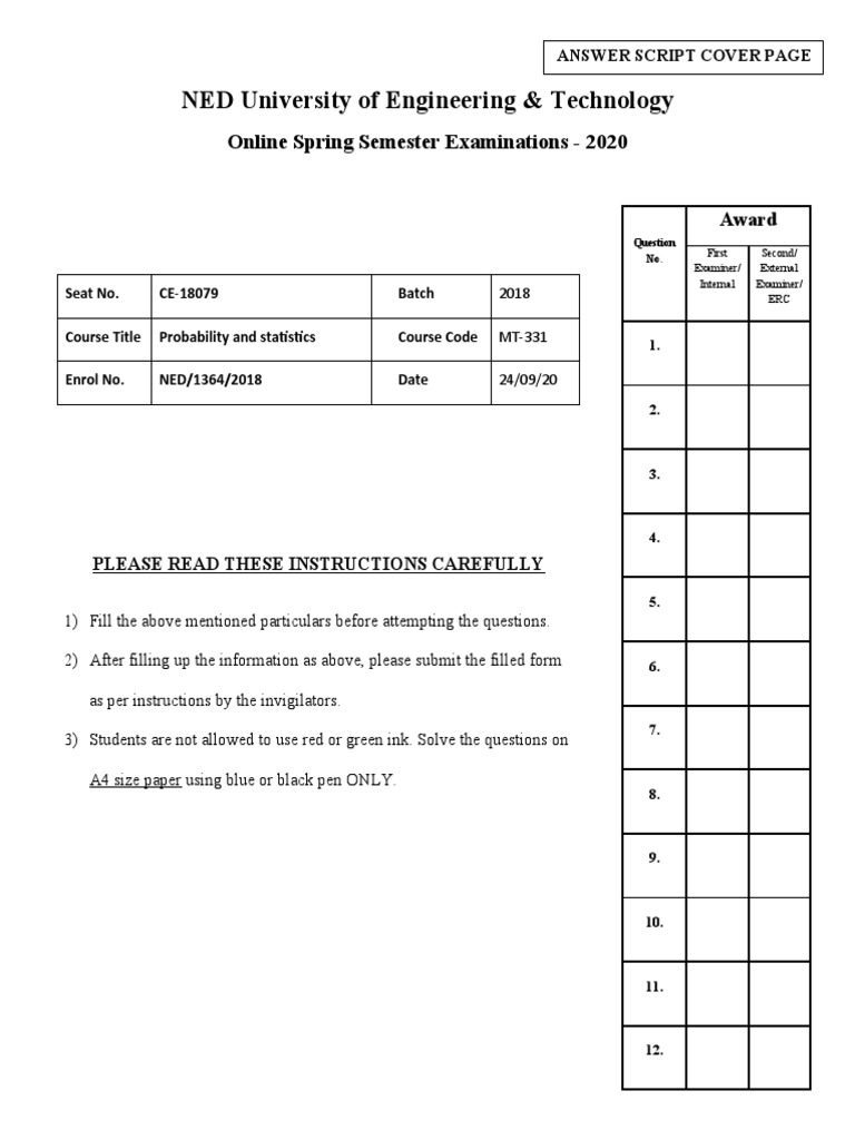 Cover Page - Blank Answer Script For Undergraduate Exam | PDF ...