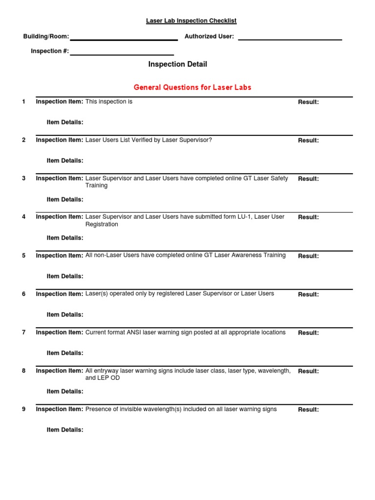 General Questions For Laser Labs Inspection Detail Pdf