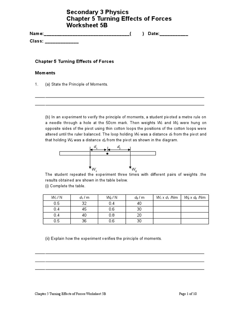 Secondary 3 Physics Chapter 5 Turning Effects of Forces Worksheet 5B ...