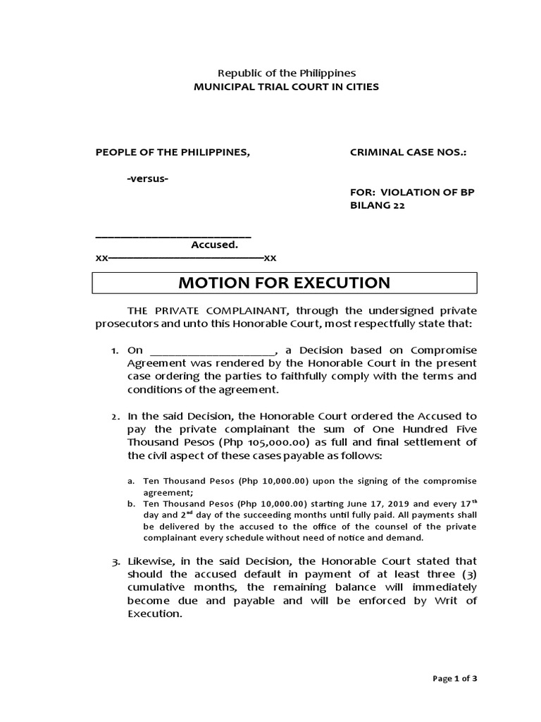 Draft Motion For Execution BP 22 | PDF | Courts | Legal Procedure