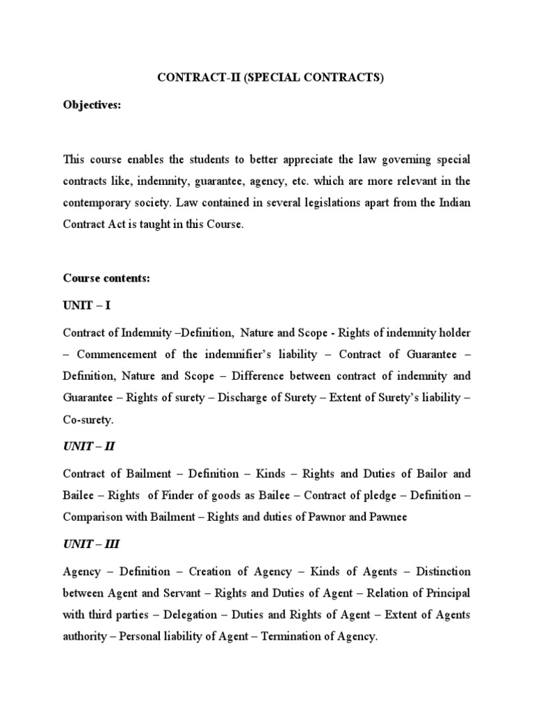 Contract-Ii (Special Contracts) Objectives | PDF | Law Of Agency ...