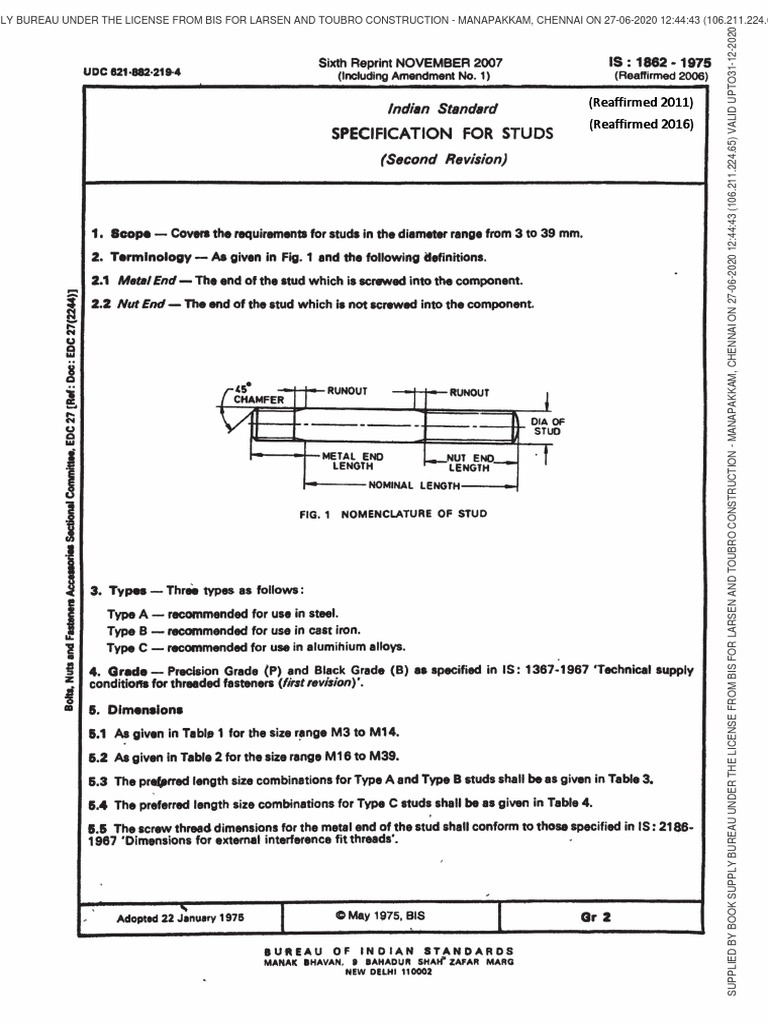 Indian Standard Specification for Studs | PDF | Screw | Joining