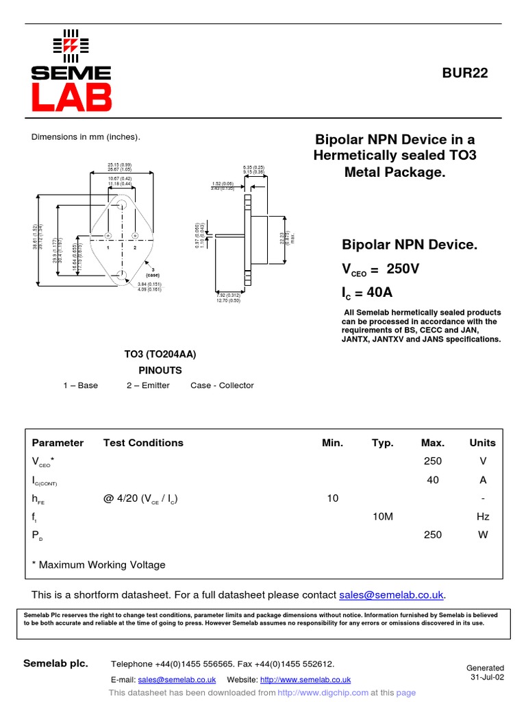 Dimensions in MM (Inches) .: TO3 (TO204AA) Pinouts | PDF | Bipolar ...