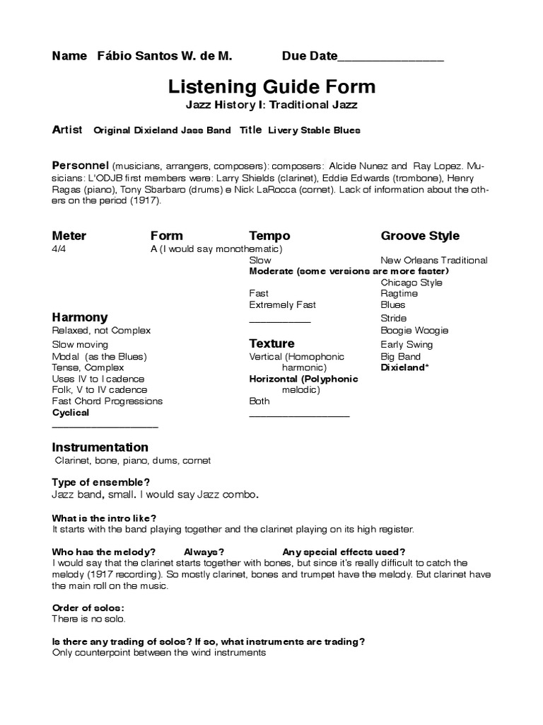 Listening Sheet - Livery Stable Blues (Fábio Mattos) | PDF | Jazz ...