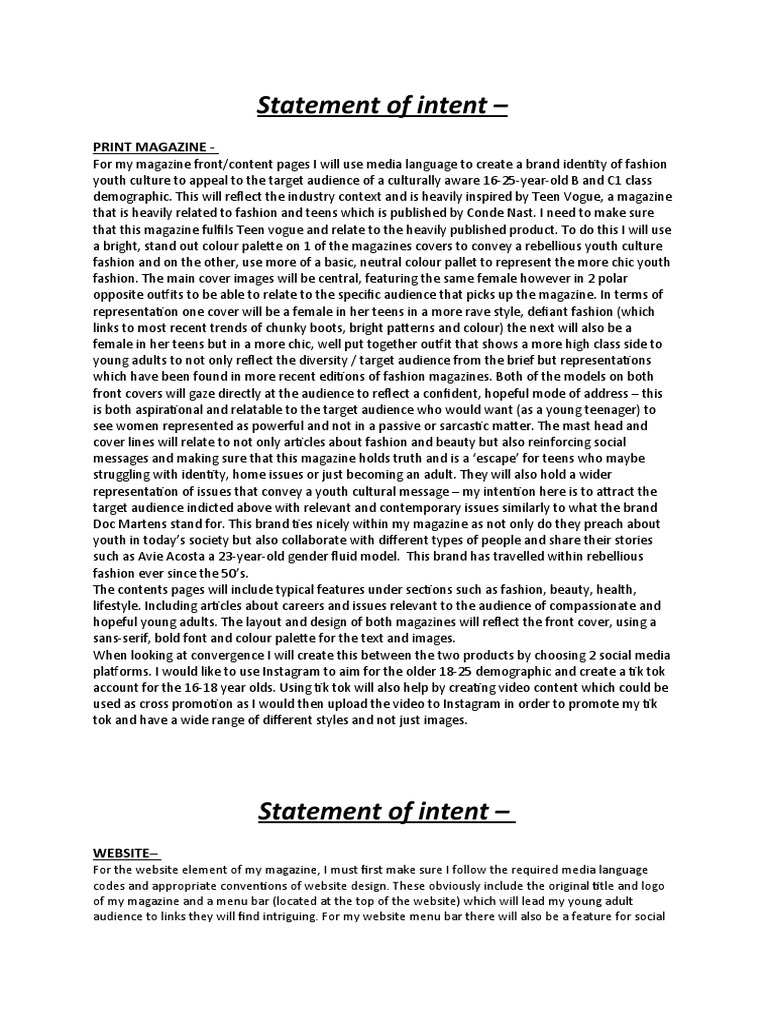 Statement of Intent Final | PDF | Fashion | Magazines