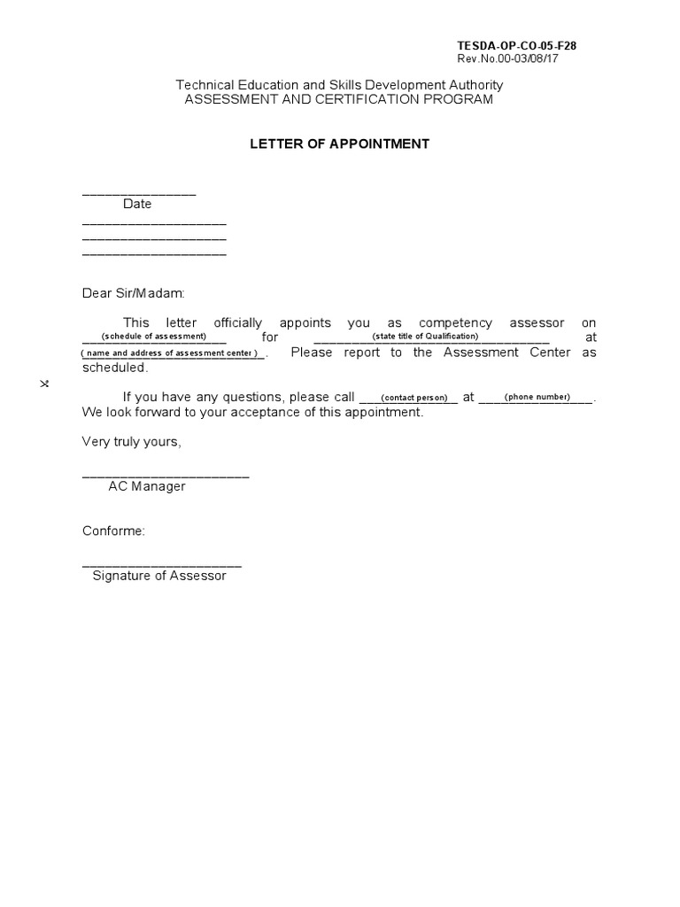 TESDA-OP-CO-05-F28 Letter of Appointment | PDF