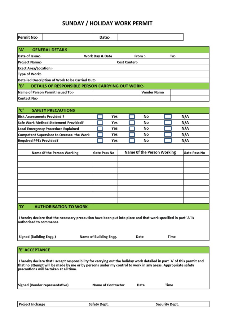 Sunday / Holiday Work Permit: 'A' General Details | PDF