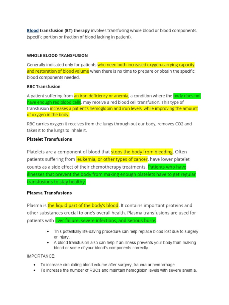 Blood: Transfusion (BT) Therapy Involves Transfusing Whole Blood or ...