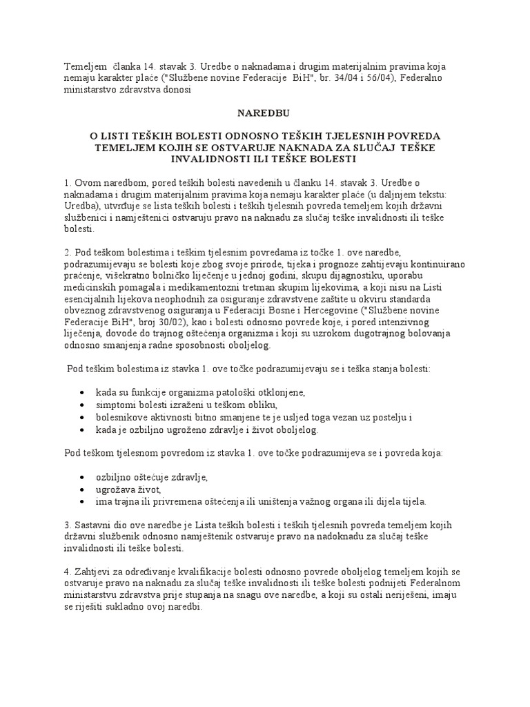 30 05 Naredba I Lista Teških Bolesti Odnosno Teških Tjelesnih Povreda | PDF