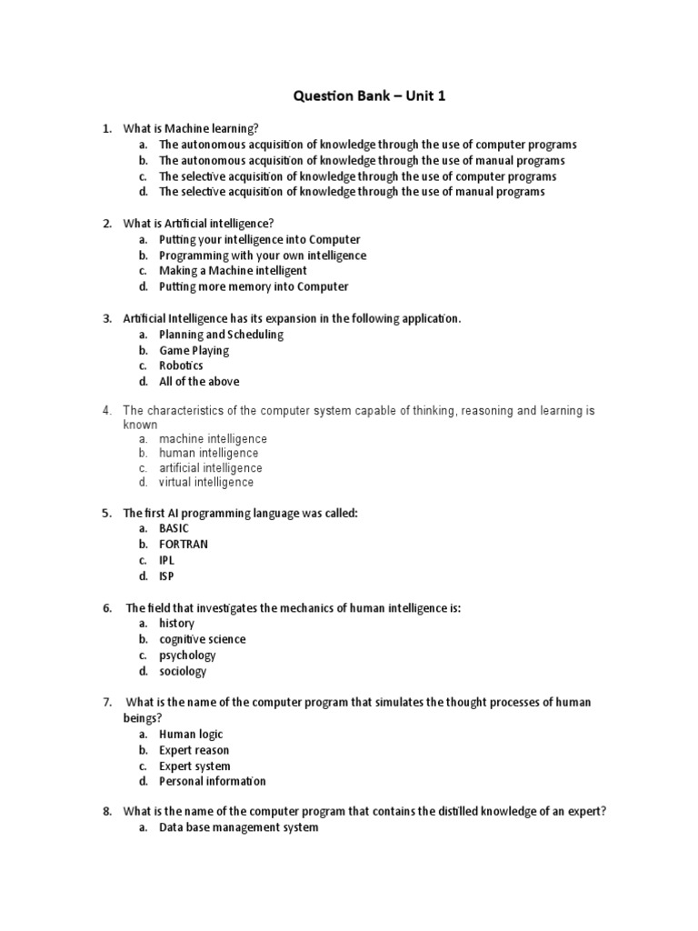 MCQ AI Unit1 | PDF | Artificial Intelligence | Intelligence (AI ...