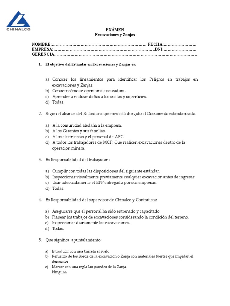 Examen Excavaciones y Zanjas | PDF | Naturaleza | Business