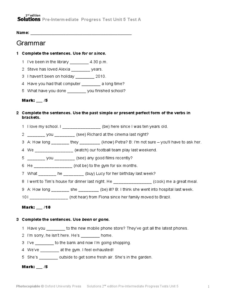 Grammar: Pre-Intermediate Progress Test Unit 5 Test A | PDF | Online ...