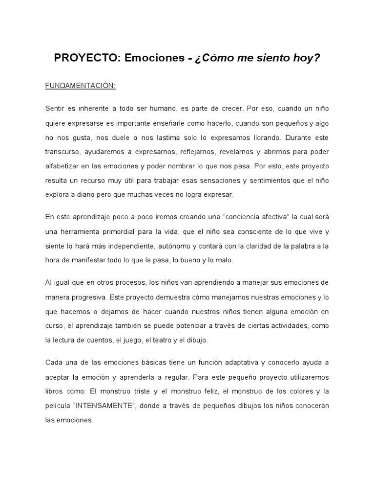 PROYECTO: ¿Como Me Siento Hoy? | PDF | Las emociones | Temor