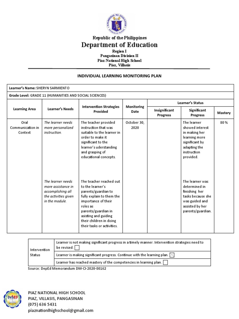 Individual Learning Monitoring Plan | PDF | Behavior Modification ...