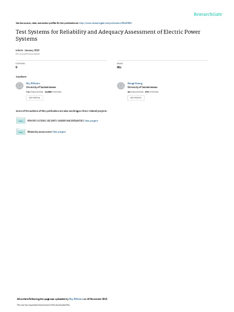 Test Systems For Reliability and Adequacy Assessment of Electric Power ...