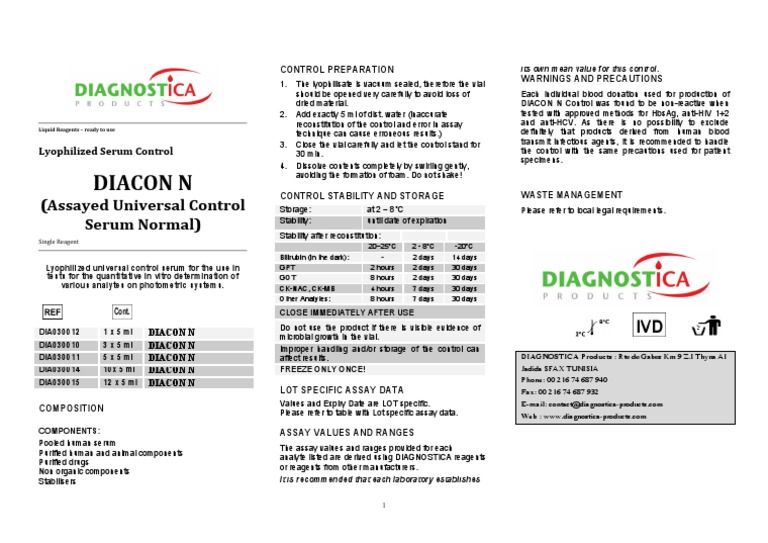 Diacon N: (Assayed Universal Control Serum Normal) | PDF | Assay | Freeze Drying