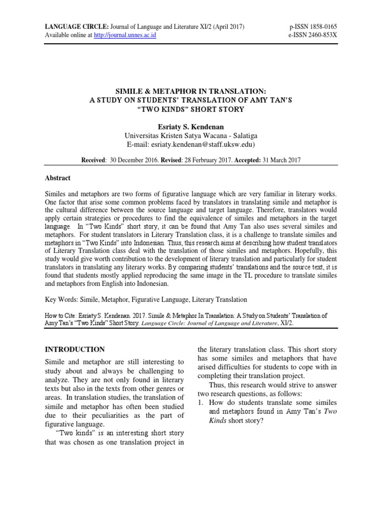 Simile & Metaphor in Translation: A Study On Students' Translation of ...