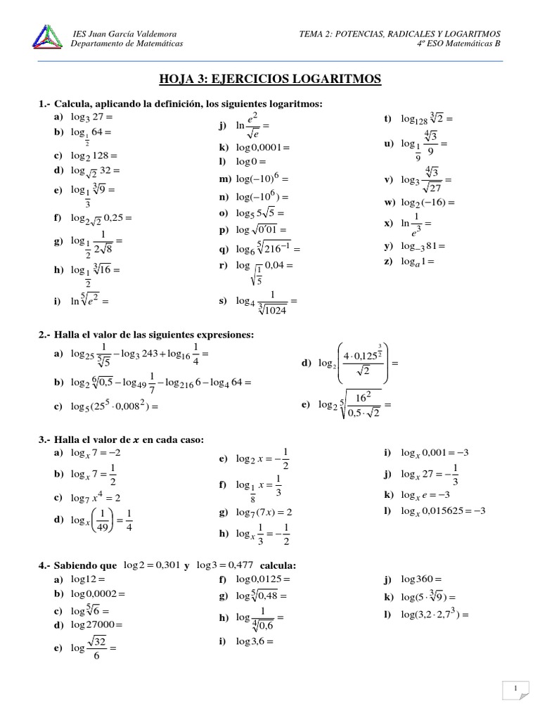 Tema2 Hoja3 Logaritmos Ejercicios1 | PDF | Matemática Elemental | Números