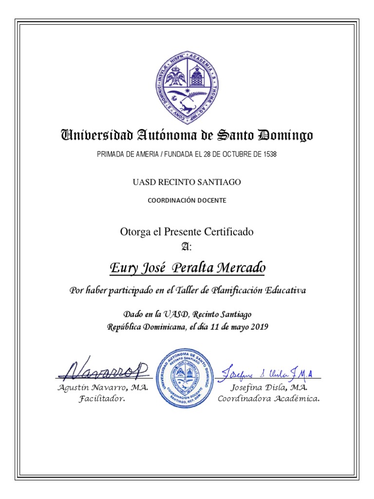 Certificado UASD Eury Peralta PDF | PDF