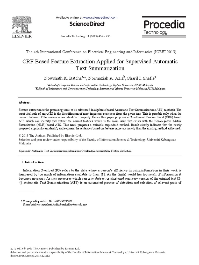CRF Based Feature Extraction Applied For Supervised Automatic Text ...