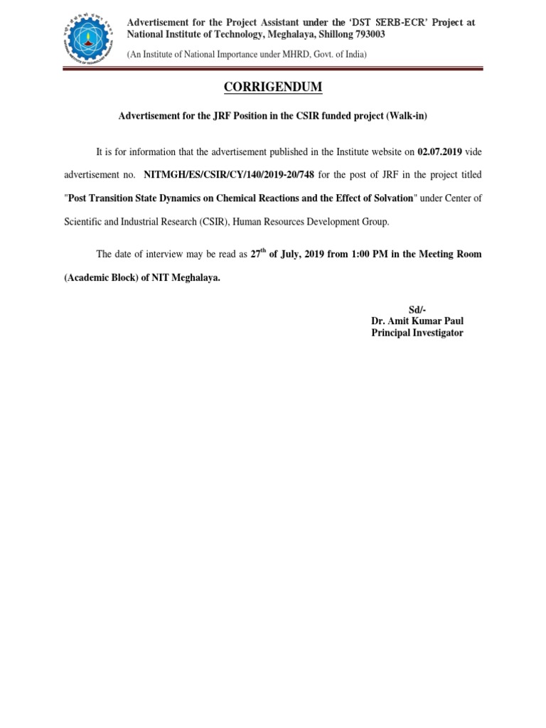 Corrigendum: Advertisement For The JRF Position in The CSIR Funded ...