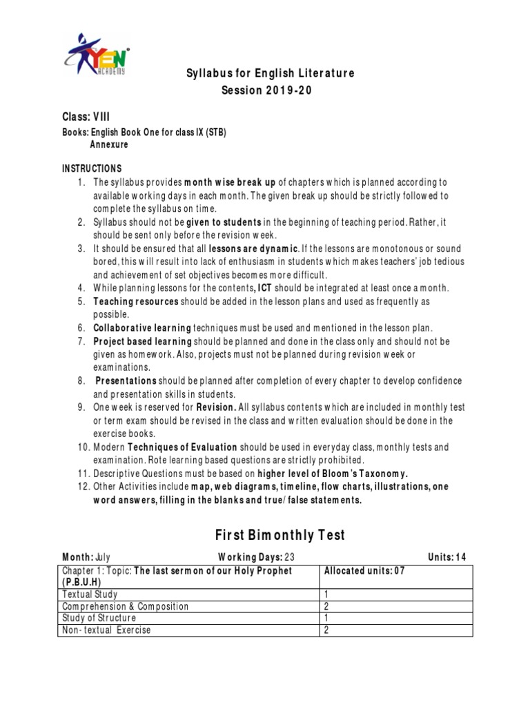 Syllabus For English Literature Session 2019-20 Class: VIII: First ...