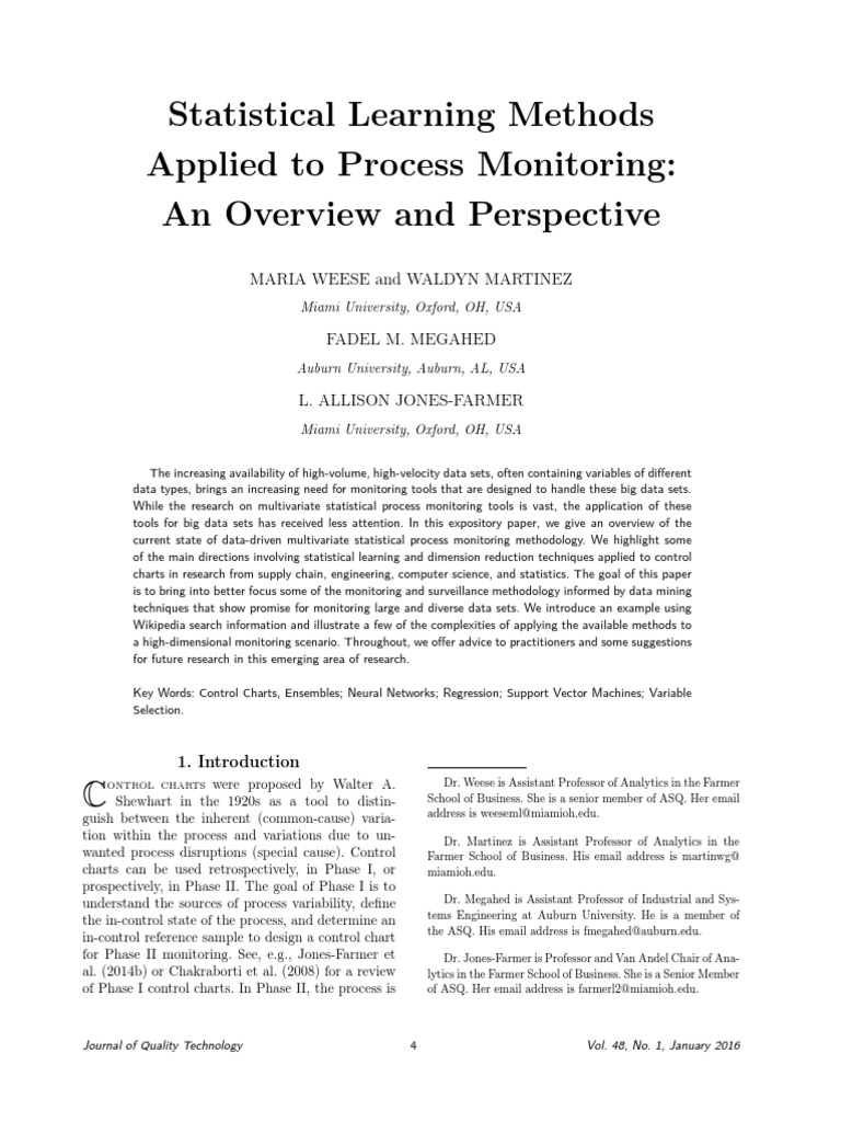 Statistical Learning Methods Applied To Process Monitoring An Overview ...