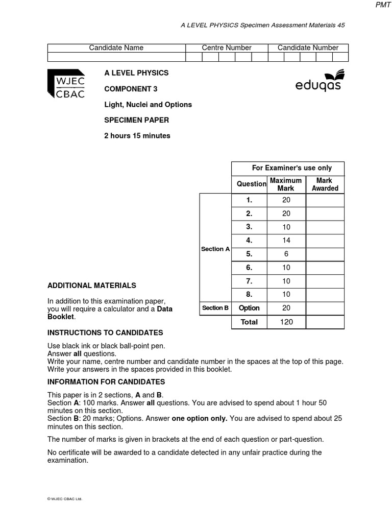 Specimen QP - Component 3 WJEC Physics A-Level | PDF | Neutron | Atomic