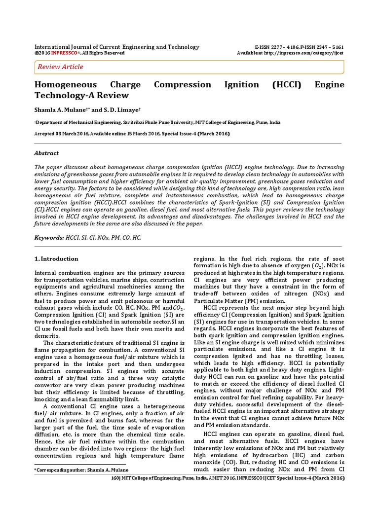 Homogeneous Charge Compression Ignition (HCCI) Engine Technology-A ...