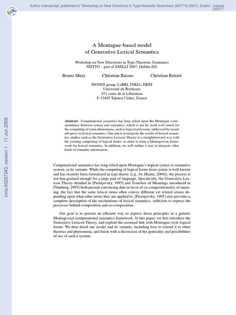 A Montague-Based Model of Generative Lex | PDF | Semantics | Lexicon