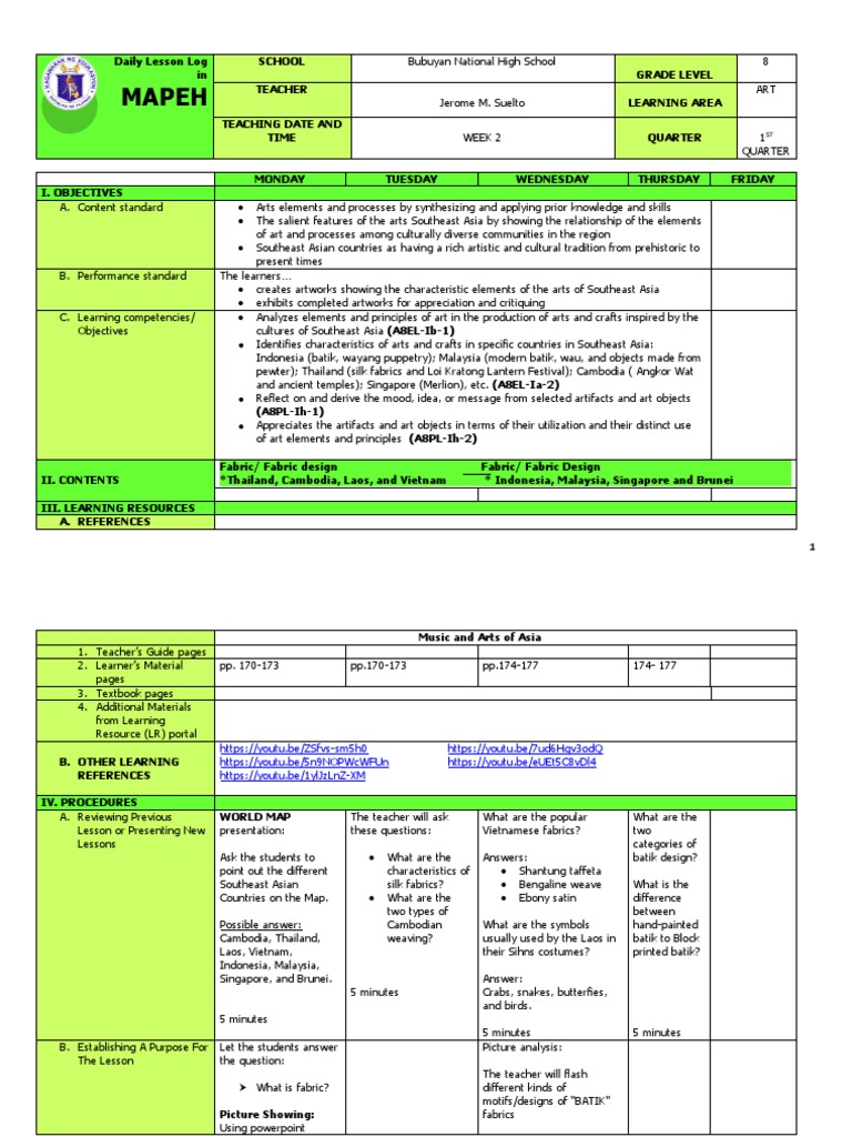 Q1 Grade 8 ARTS DLL Week 1 | PDF | Southeast Asia | Textiles