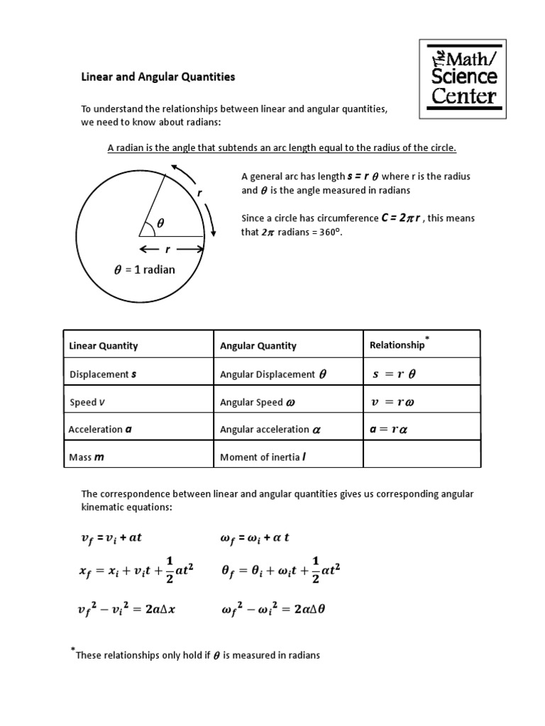 Linear and Angular Quantities: 1 Radian | PDF | Torque | Angle