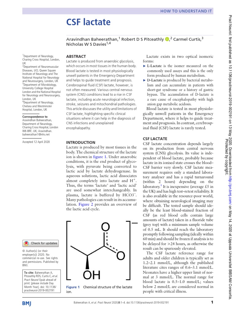 CSF Lactate | PDF | Meningitis | Lactate Dehydrogenase