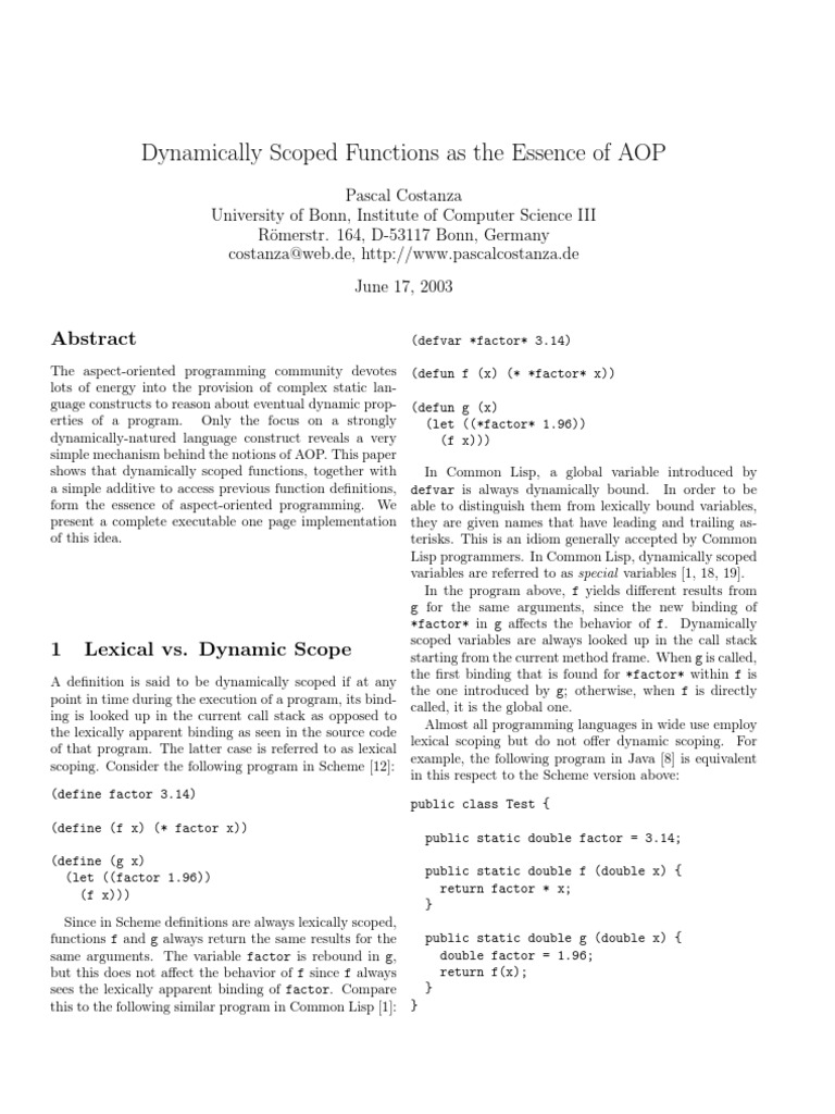 Dynamically Scoped Functions As The Essence Of Aop Pdf Scope Computer Science Scheme