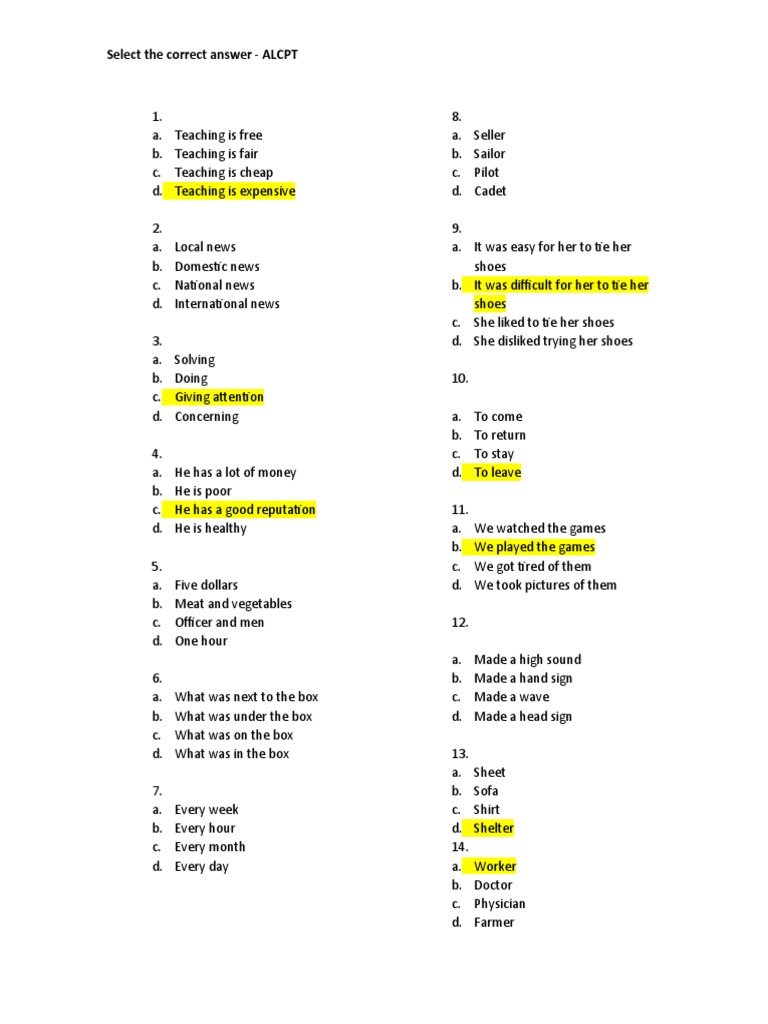 Select The Correct Answer - ALCPT | PDF | Foods