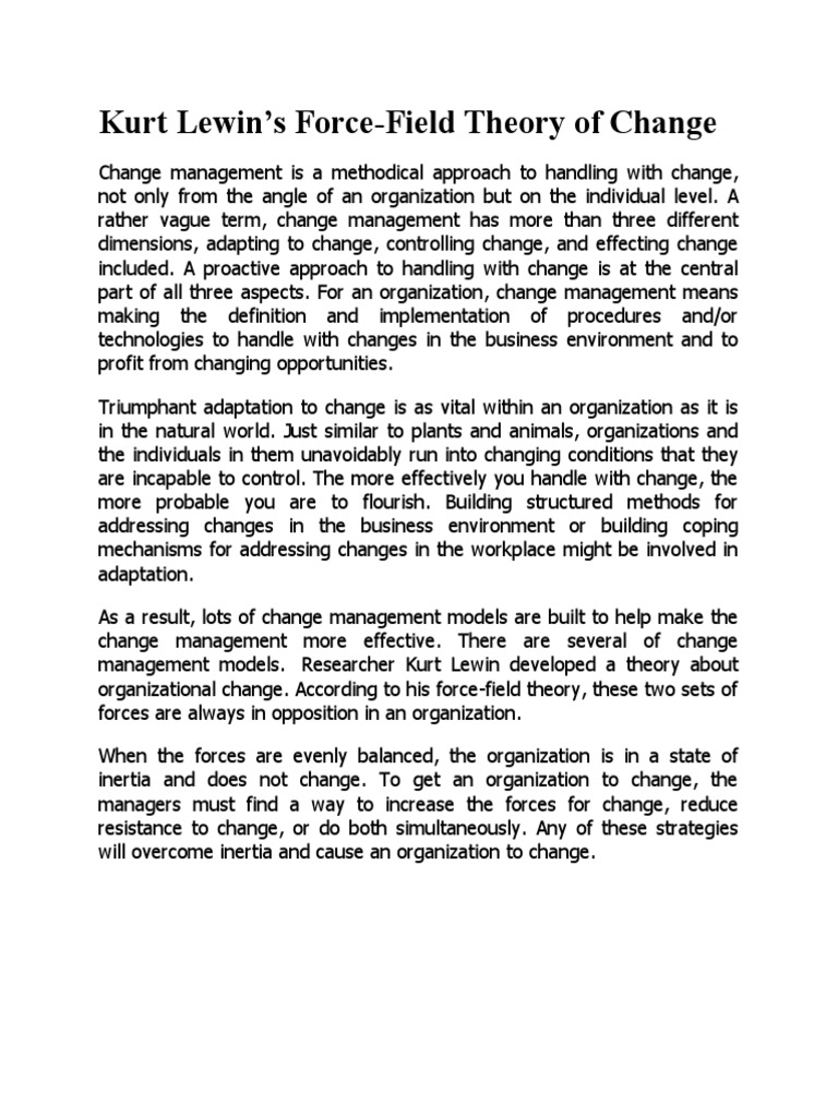 Kurt Lewin's Force-Field Theory of Change | Download Free PDF | Change ...