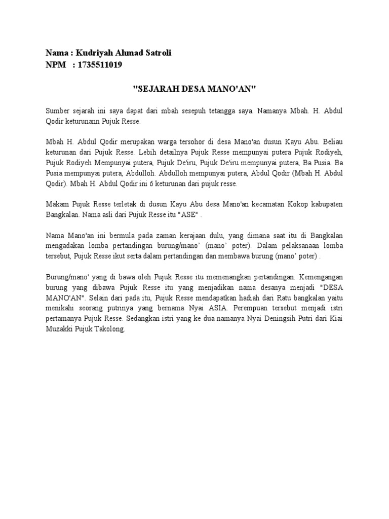Sejarah Desa Mano'an dan Pujuk Resse | PDF