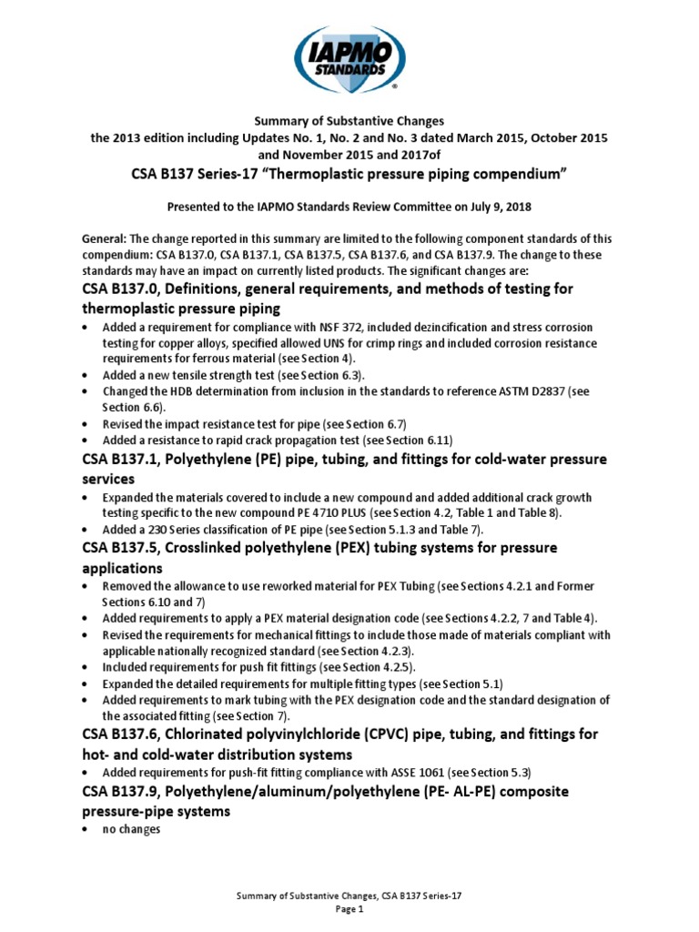 Summary of Changes Csa b137 Series 17 2015 11 Update 2017 PDF | PDF | Polyvinyl Chloride | Pipe ...