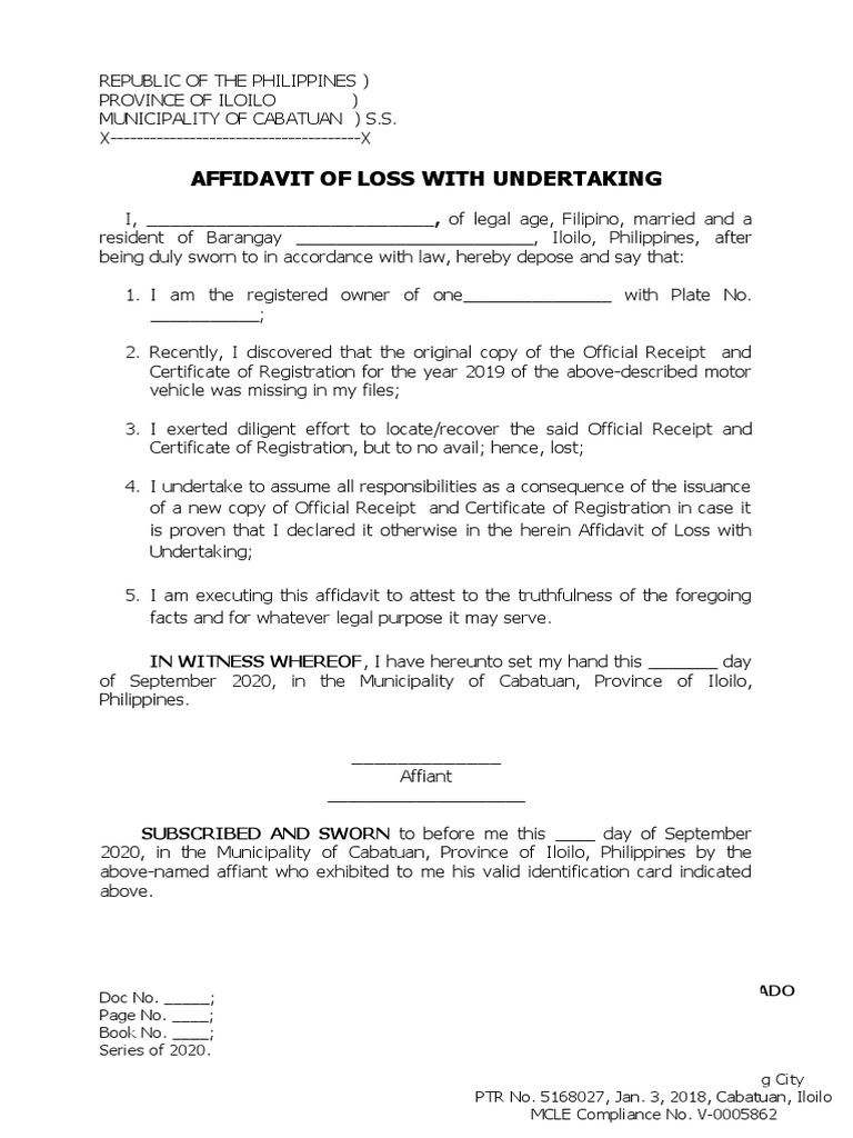 Affidavit of Loss With Undertaking | PDF | Affidavit | Notary Public