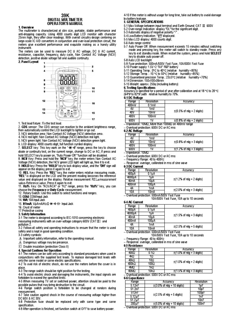 Digital Multimeter Operator'S Manual: 1. Overview 5. General ...