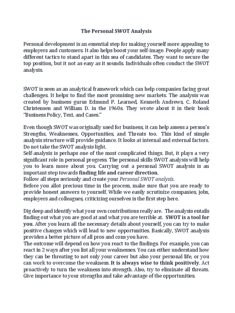 The Personal SWOT Analysis | PDF | Swot Analysis | Behavior Modification