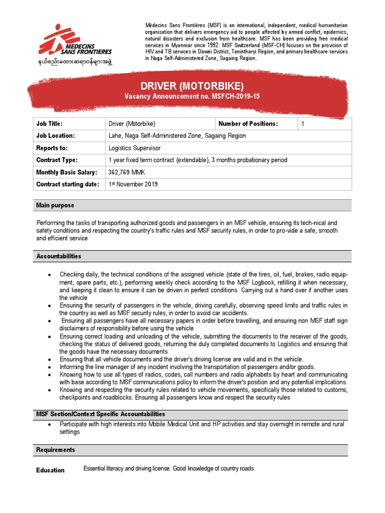 2019 10 Driver Motorbike Job Advertisement | PDF | Médecins Sans ...