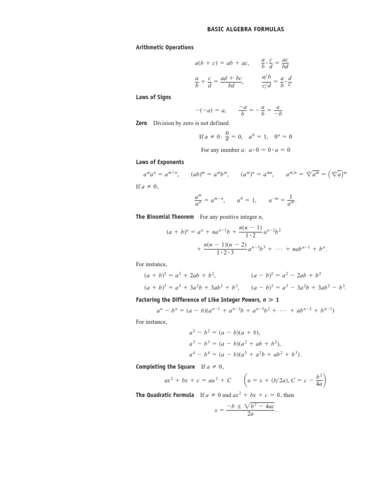 Arithmetic Operations Basic Algebra Formulas Pdf Area Calculus