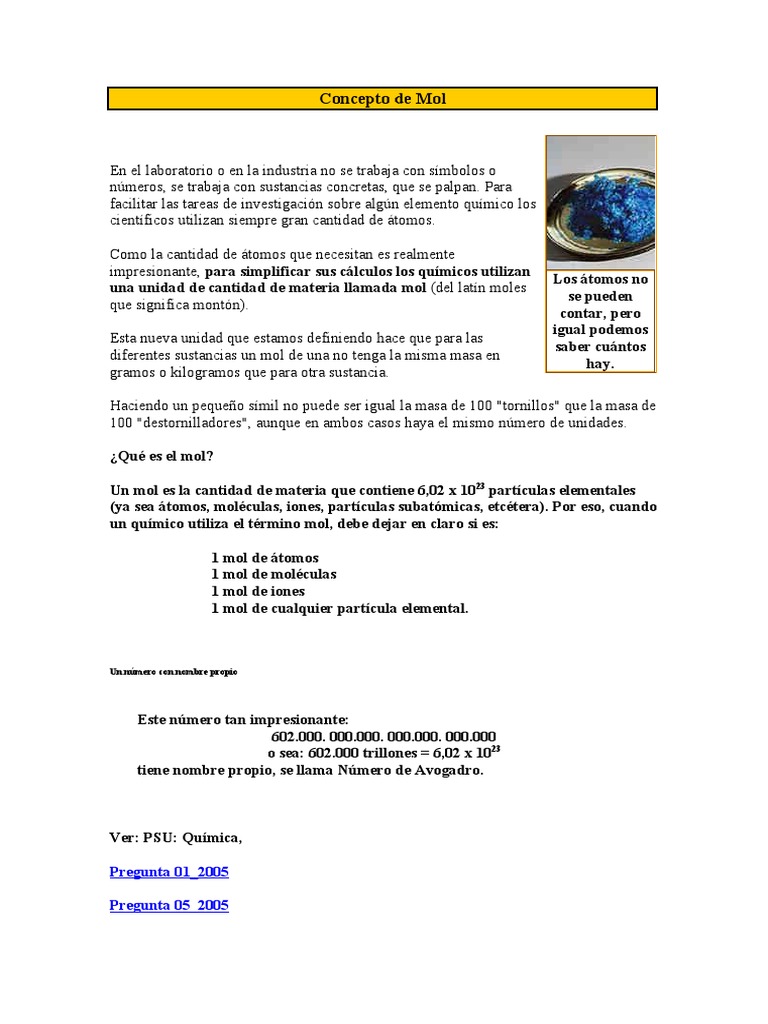Definición y Uso del Mol en Química | PDF | Mole (Unidad) | Átomos