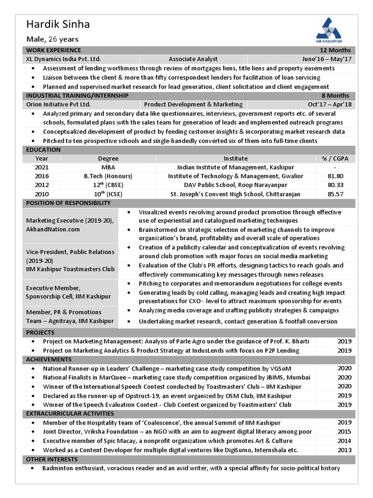 Hardik Sinha - CV PDF | PDF | Loans | Marketing
