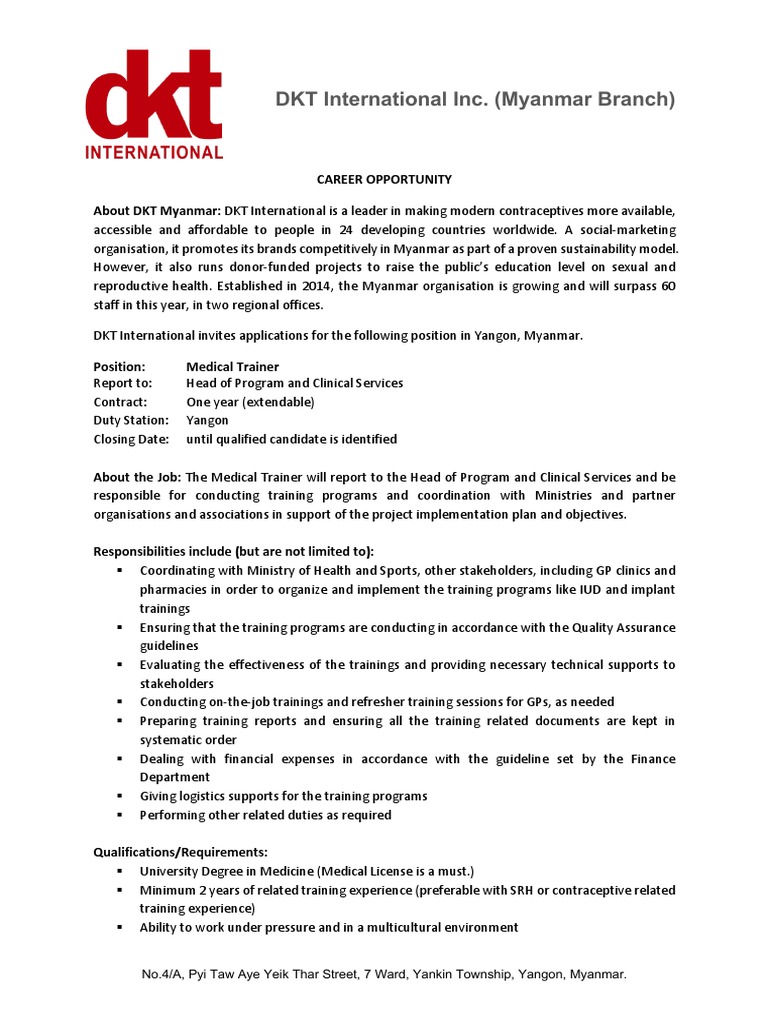 DKT International Inc. (Myanmar Branch) : No.4/A, Pyi Taw Aye Yeik Thar ...