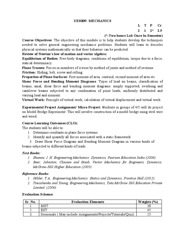 Syllabus UES009 MECHANICS | PDF | Force | Beam (Structure)
